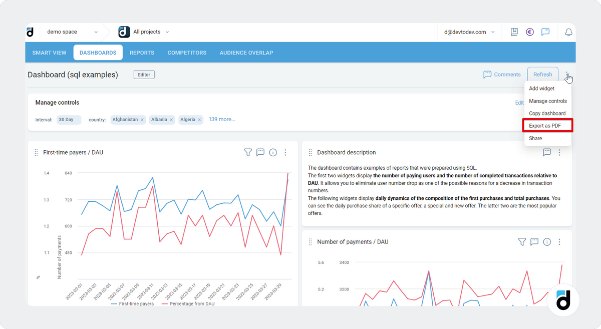 devtodev | Easy Dashboard Sharing with the Export to PDF Option
